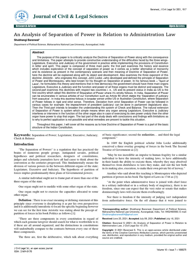 An Analysis of Separation of Power in Relation To Administration Law ...