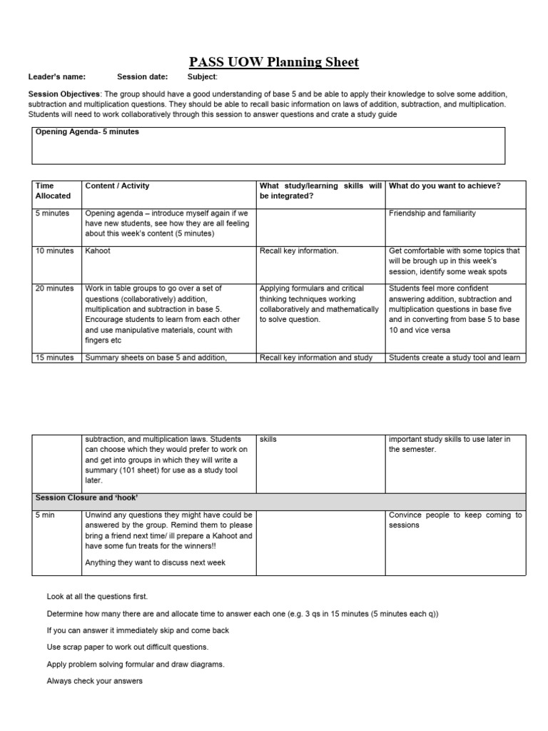 Planning Sheet - Base5 | PDF | Study Skills | Cognitive Psychology