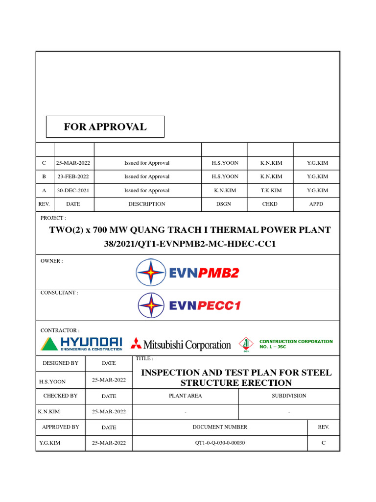 QT1-0-Q-030-05-00030 - C - ITP For Steel Structure Erection | PDF | Engineering Tolerance | Welding