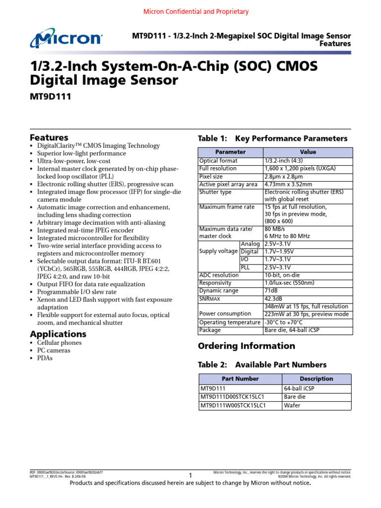 MT9D111 Soc2010ds-Dcmi | PDF | Manufactured Goods | Computer Engineering