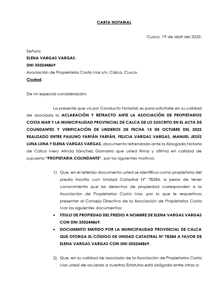 Carta Notarial de Aclaración y Retracto | PDF | Debido al proceso ...