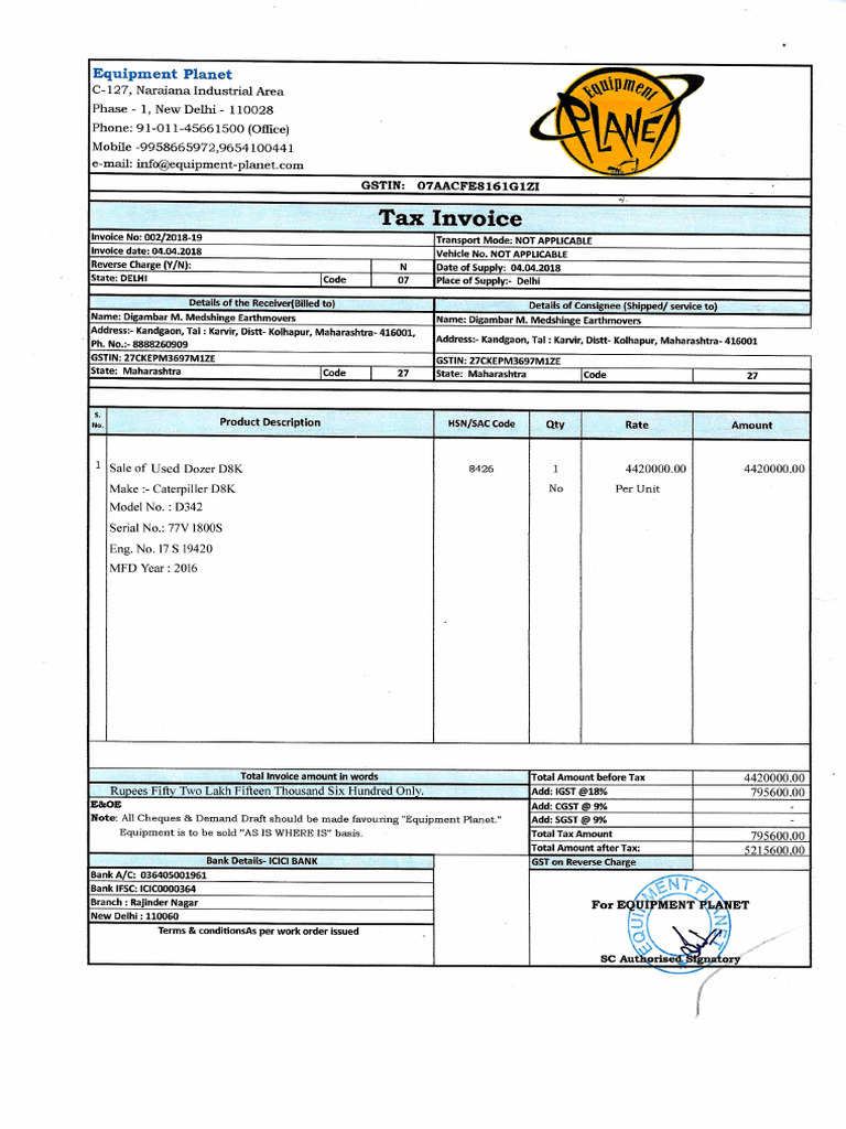 D8K INVOICE - Equipment Planet-1 | PDF