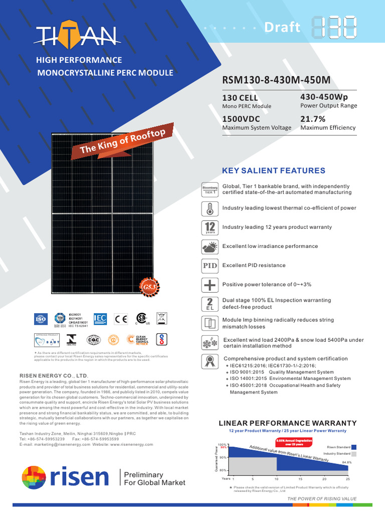 Risen - 430-450W RSM-130-8 | PDF | Photovoltaics | Electrical Engineering