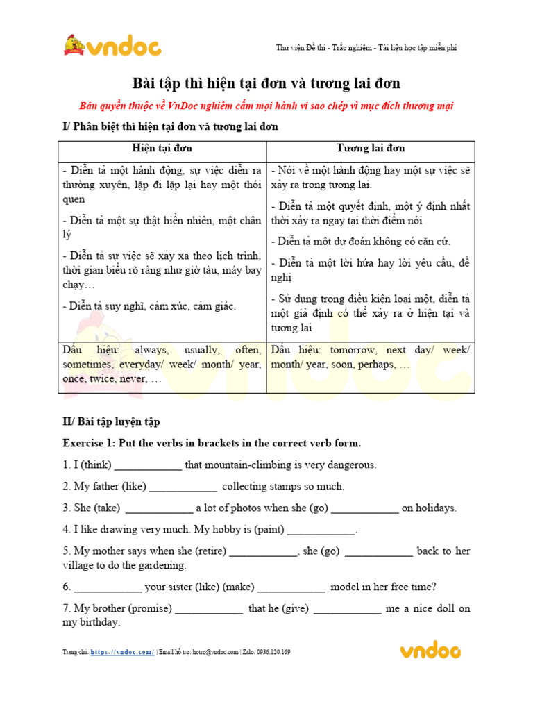 Bai Tap Thi Hien Tai Don Va Tuong Lai Don | PDF