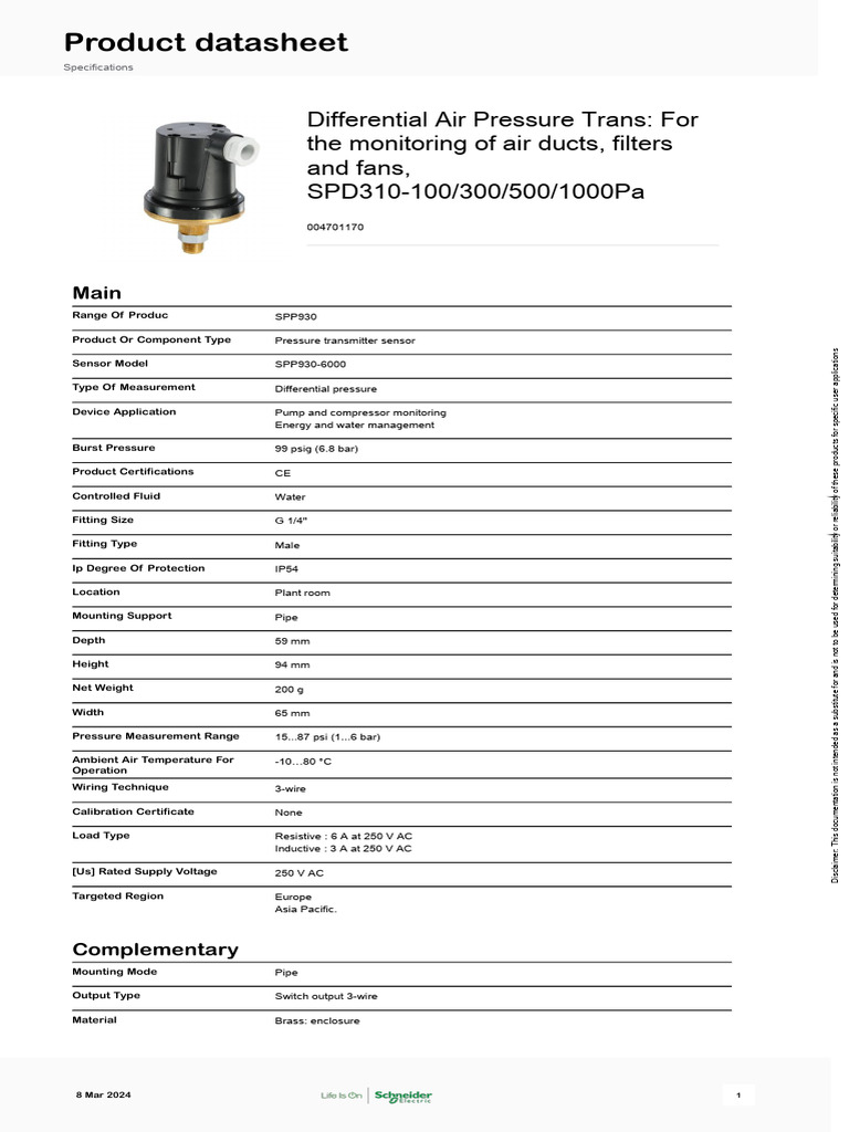 Schneider Electric_Pressure-Sensors_004701170 | PDF