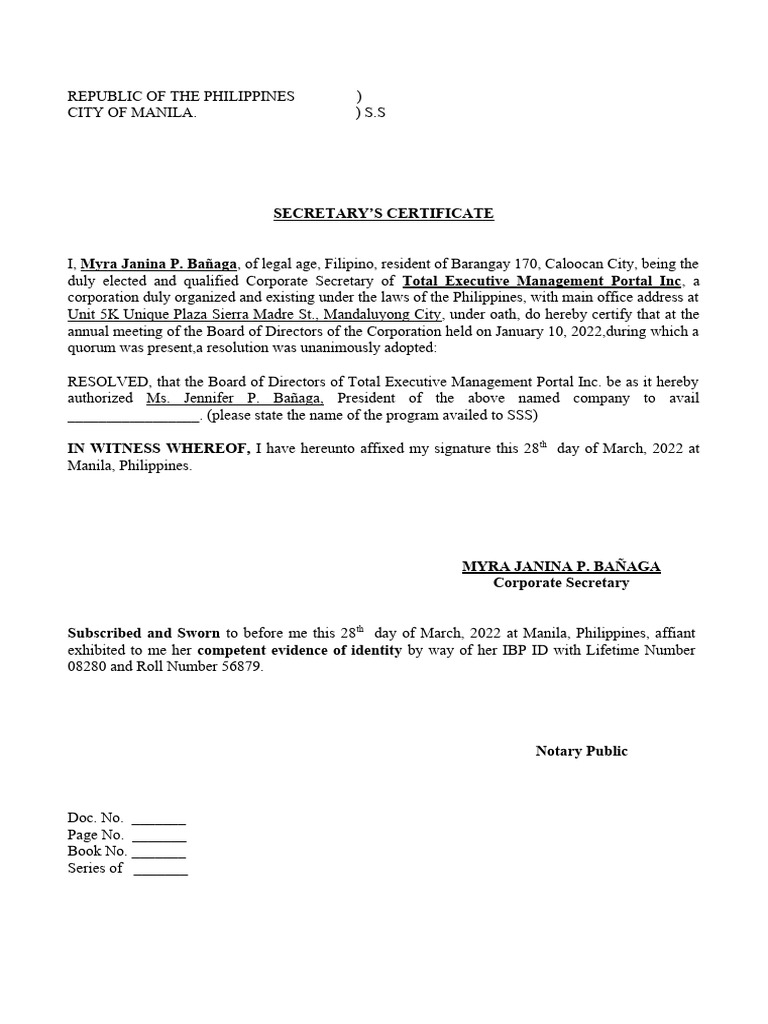 Secretary Certificate - Availment of SSS Program | PDF