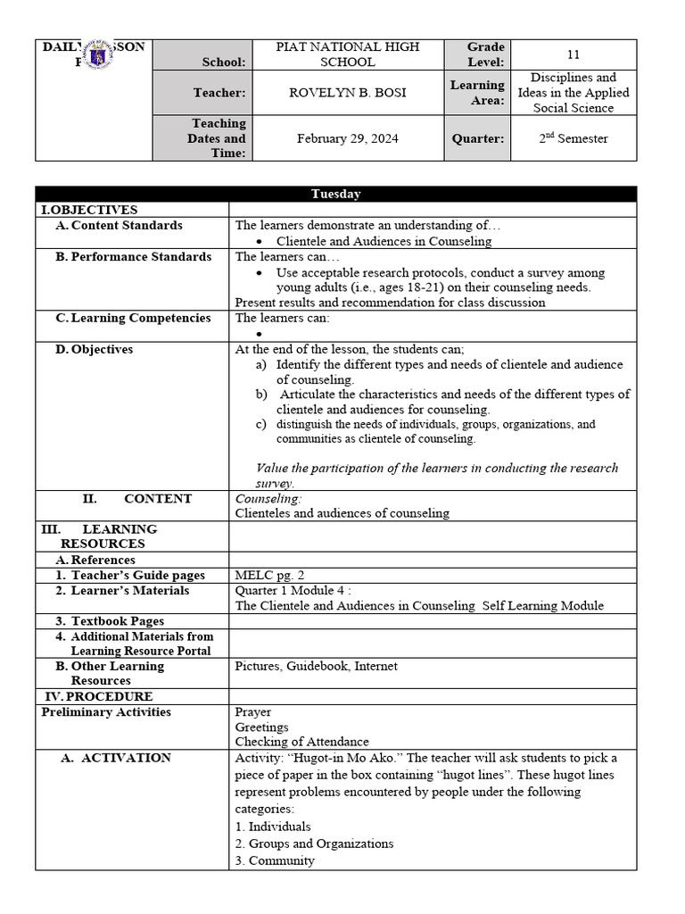 DLL Week 6 | PDF | Learning | School Counselor