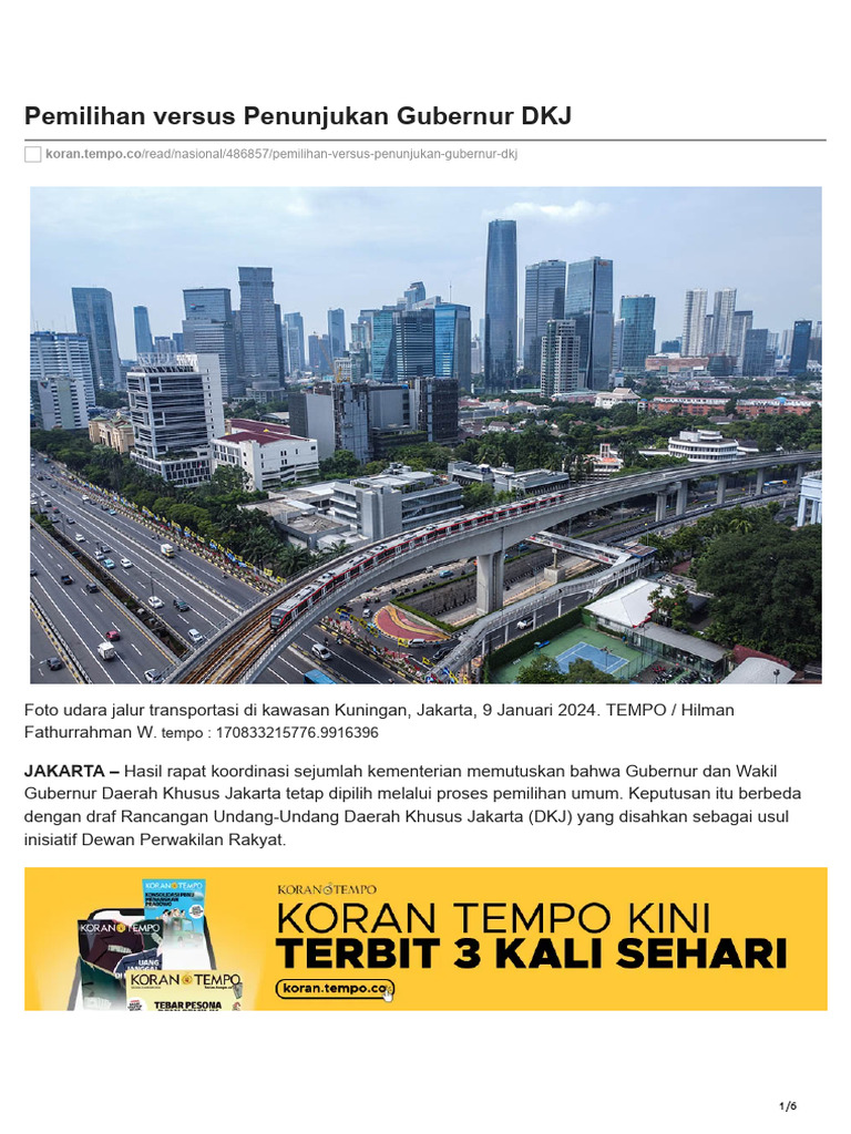 Koran - Tempo.co-Pemilihan Versus Penunjukan Gubernur DKJ | PDF