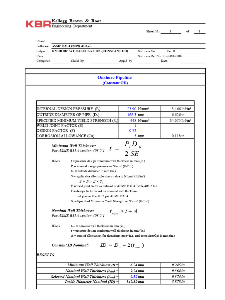 Calculation - ASME B31.4 Onshore Wall Thickness - Constant OD by KBR | PDF