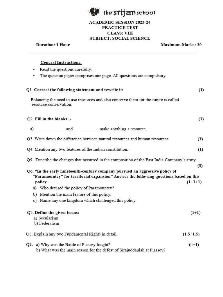 PRACTICE PAPER Class 8 2023-24 | PDF