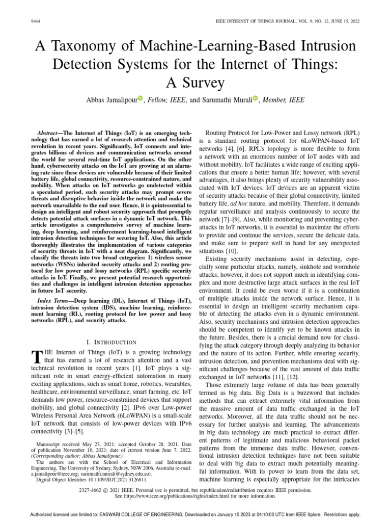 A Taxonomy Of Machine Learning Based Intrusion Detection Systems For The Internet Of Things A