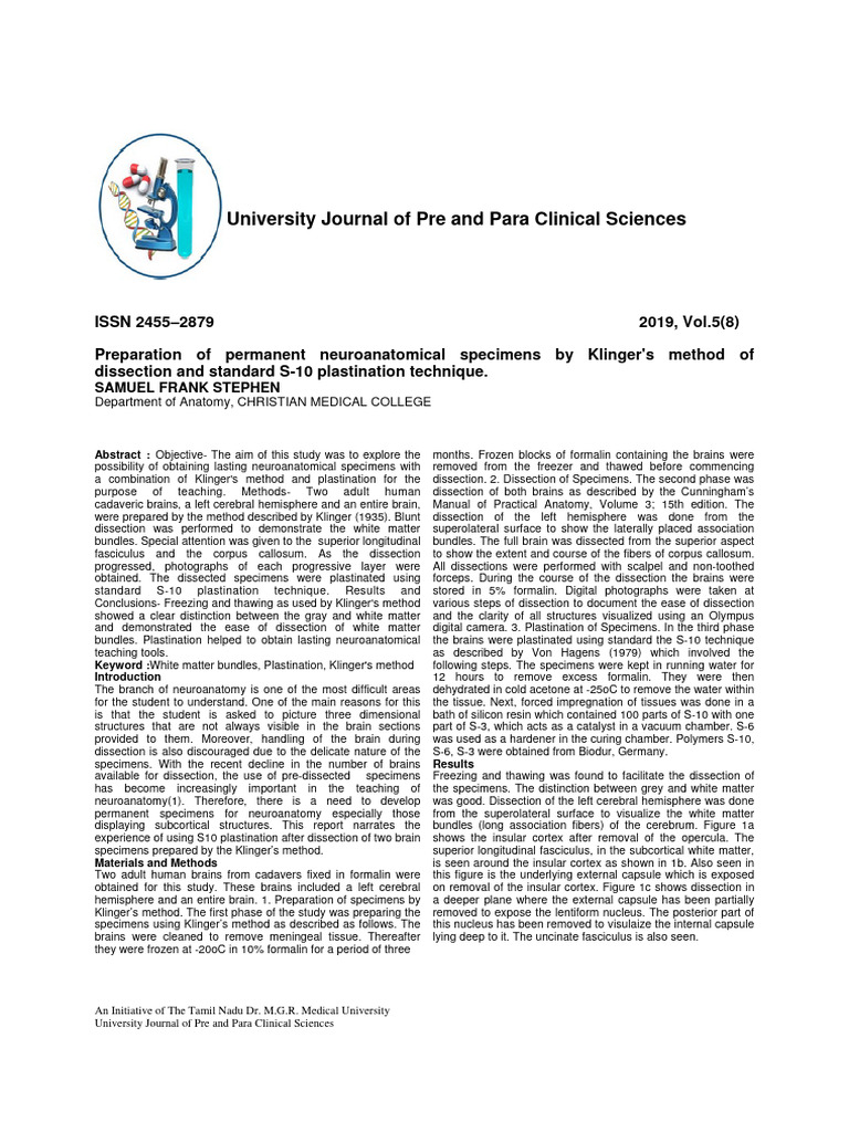 Preparation of permanent neuroanatomical specimens by Klinger's method ...