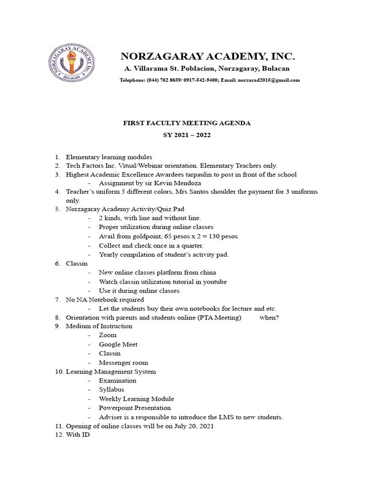 First Faculty Meeting Agenda 2021-2022 | PDF | Learning