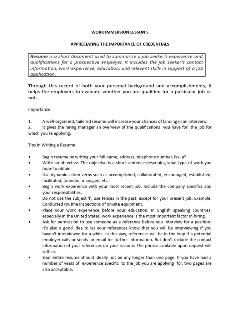 Work Immersion Lesson 5 | Download Free PDF | Résumé | Job Interview
