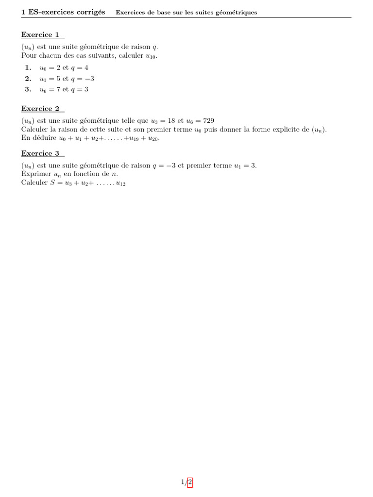 Exercices Corriges Sur Les Suites Geometriques | PDF