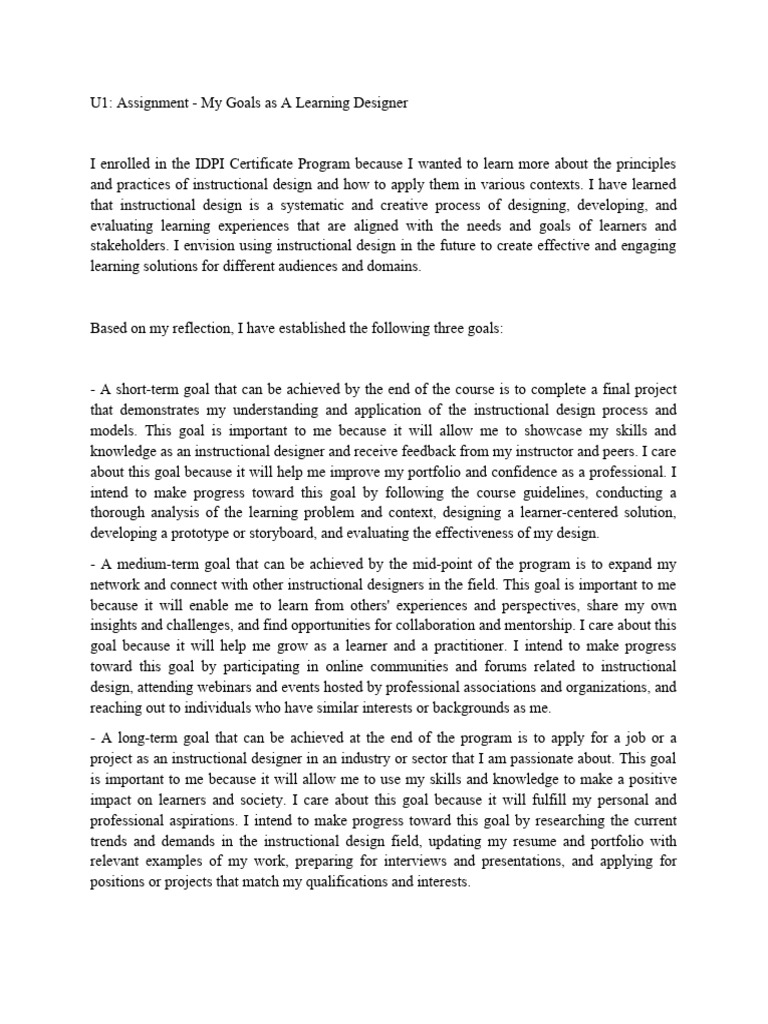 U1 Assignment My Goals As A Learning Designer Final Version | PDF | Instructional Design | Goal
