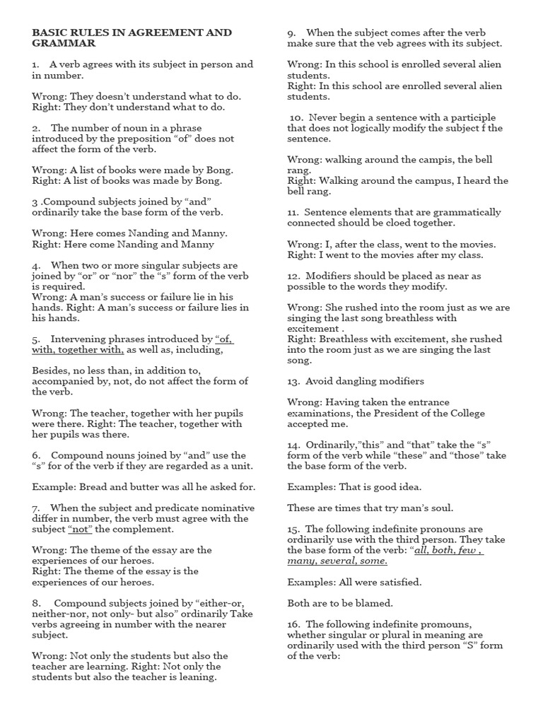 Basic Rules in Agreement and Grammar | PDF | Verb | Grammatical Number