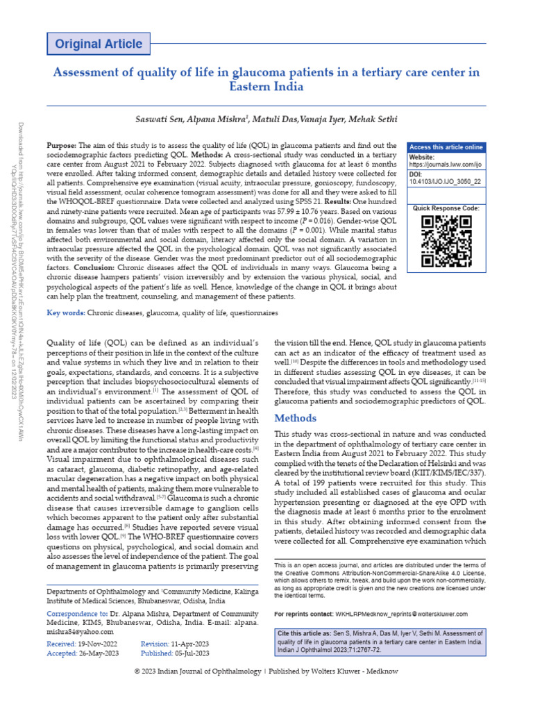 Assessment of Quality of Life in Glaucoma Patients.23 | Download Free ...