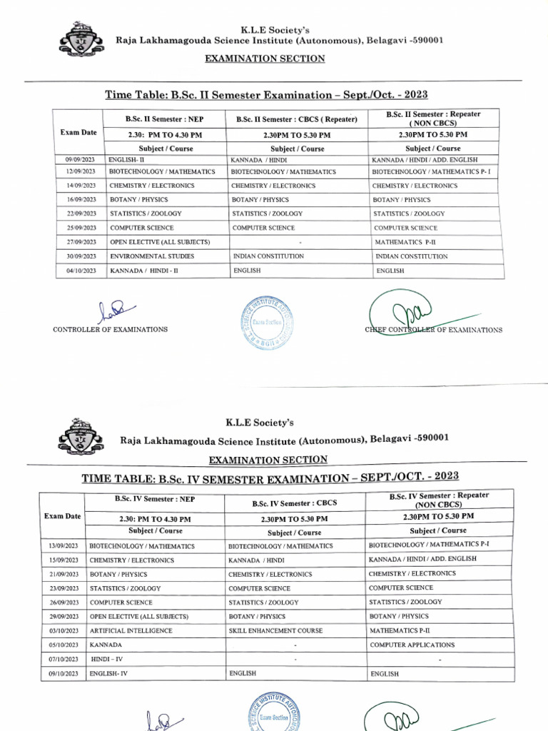 BSC II and IV Sem Exam Timetable | PDF