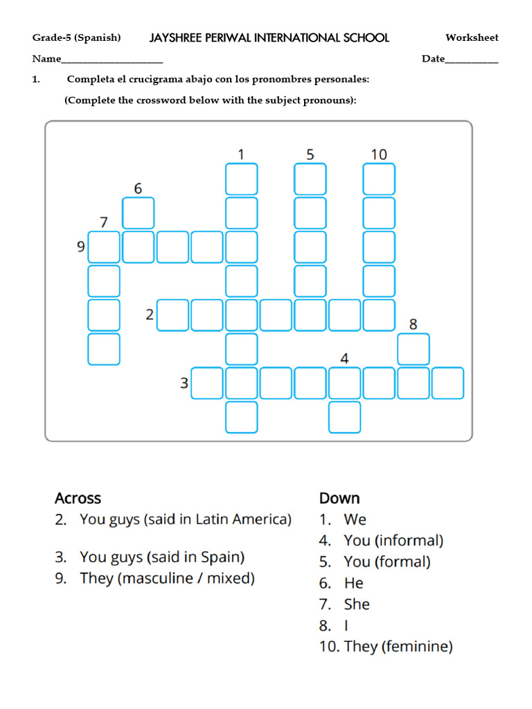 Spanish Worksheet en Español ' Los Pronombres Personales | PDF