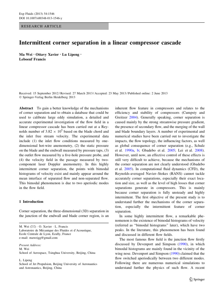 2013intermittent Corner Separation in A Linear Compressor Cascade | PDF | Boundary Layer ...