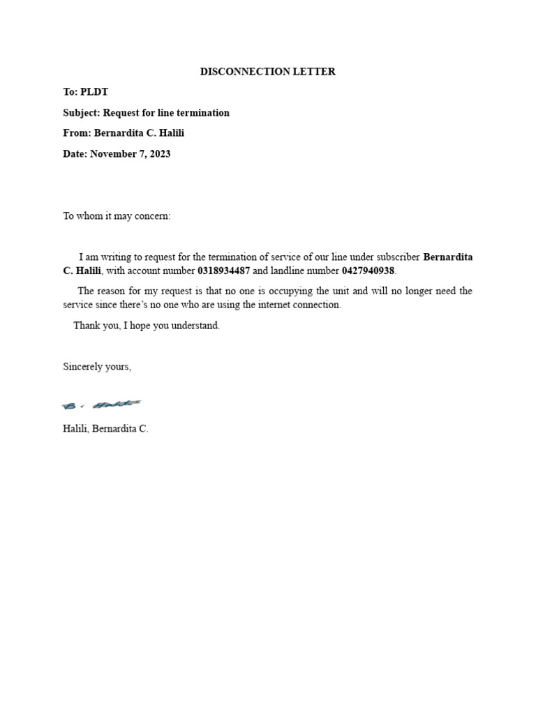 PLDT Disconnection Request Letter | PDF