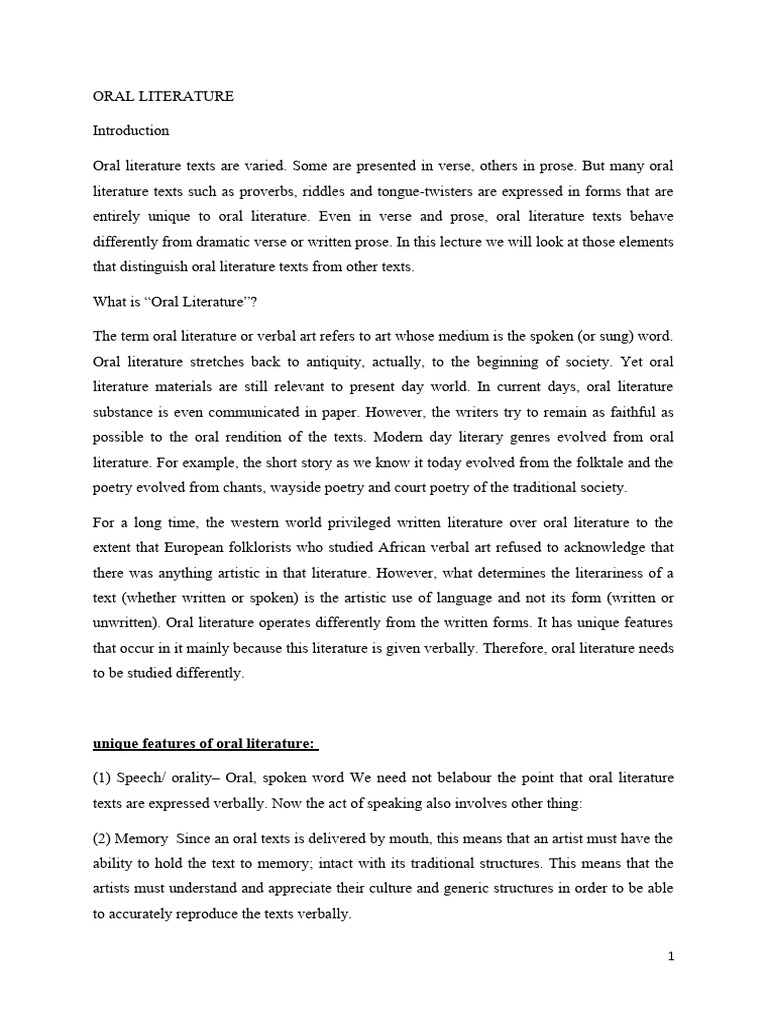 Oral Literature Notes | Download Free PDF | Genre | Oral Literature