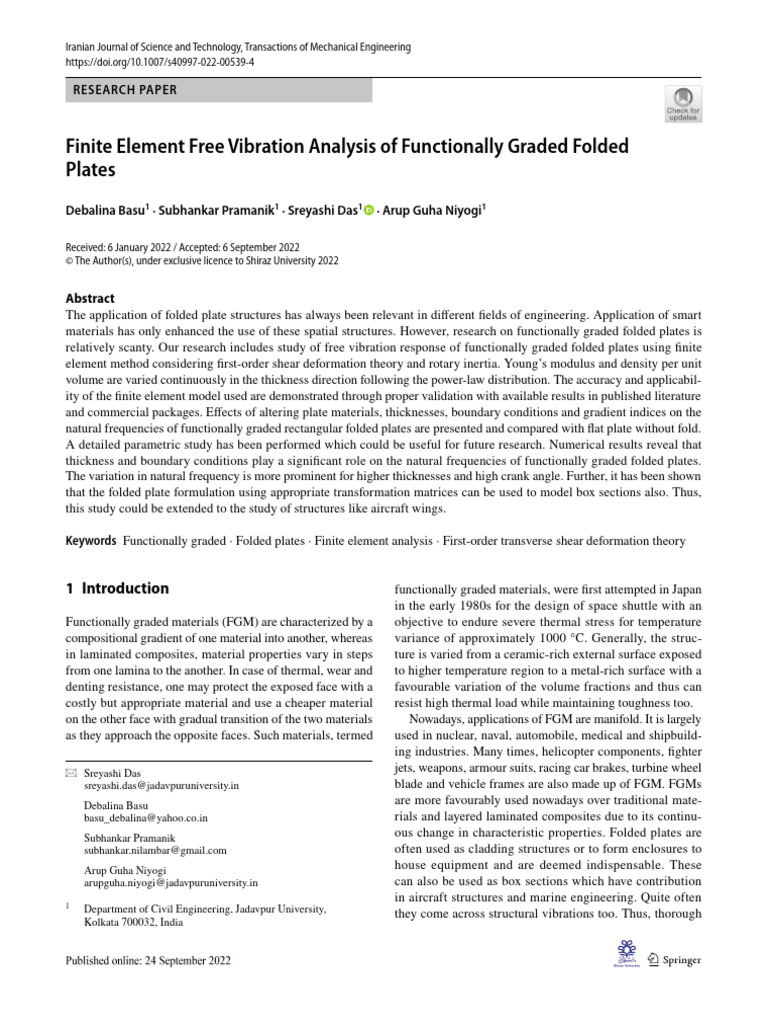 Finite Element Free Vibration Analysis of Functionally Graded Folded-Debalina FGM | PDF