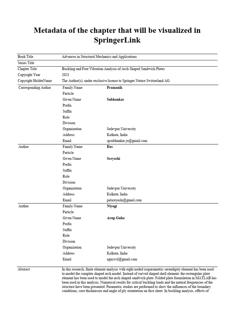 Buckling And Free Vibration Analysis Of Arch 529814 1 En 30 Chapter Author Download