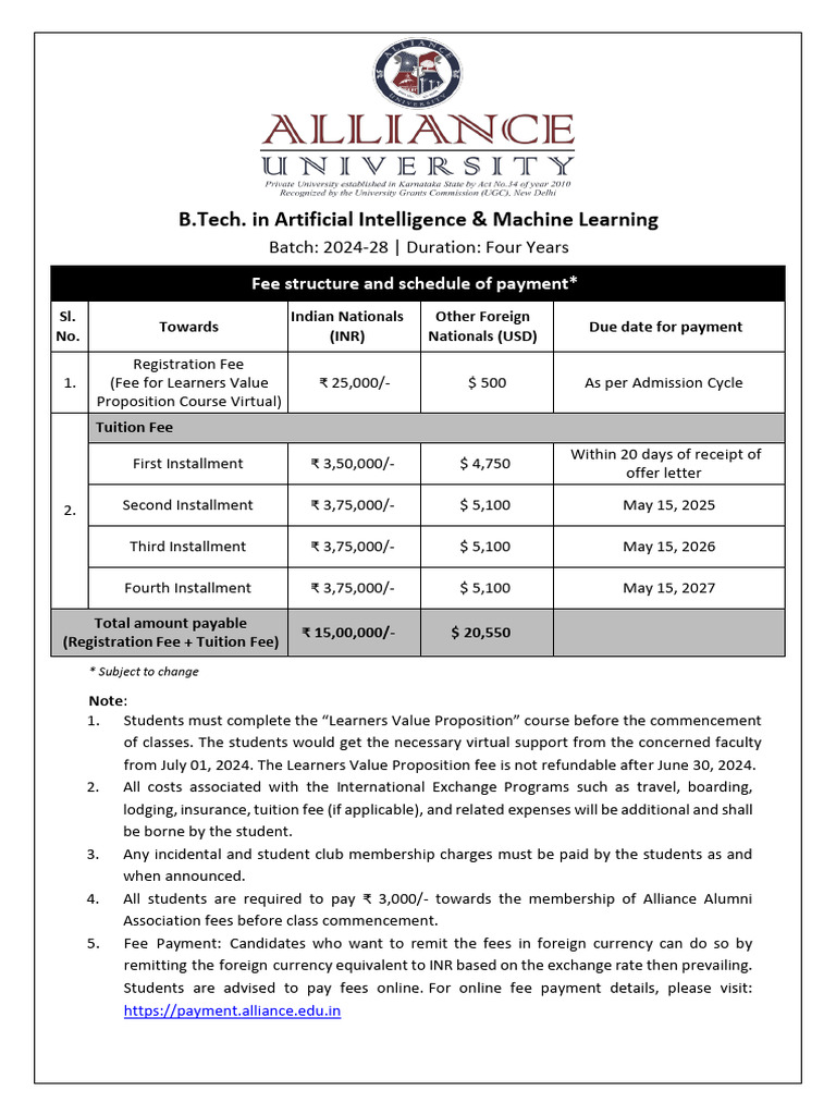 Btech Ai ML Fee2024 | PDF | Fee | Service Industries