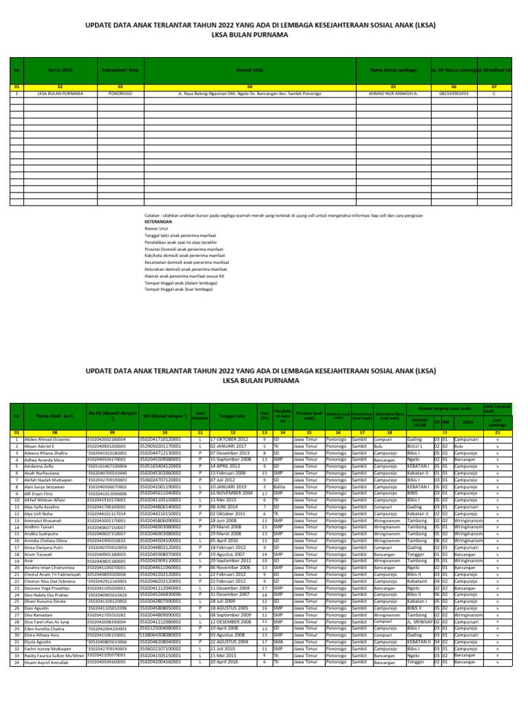 Form Update Data Lksa Dan Anak Jawa Timur X | PDF