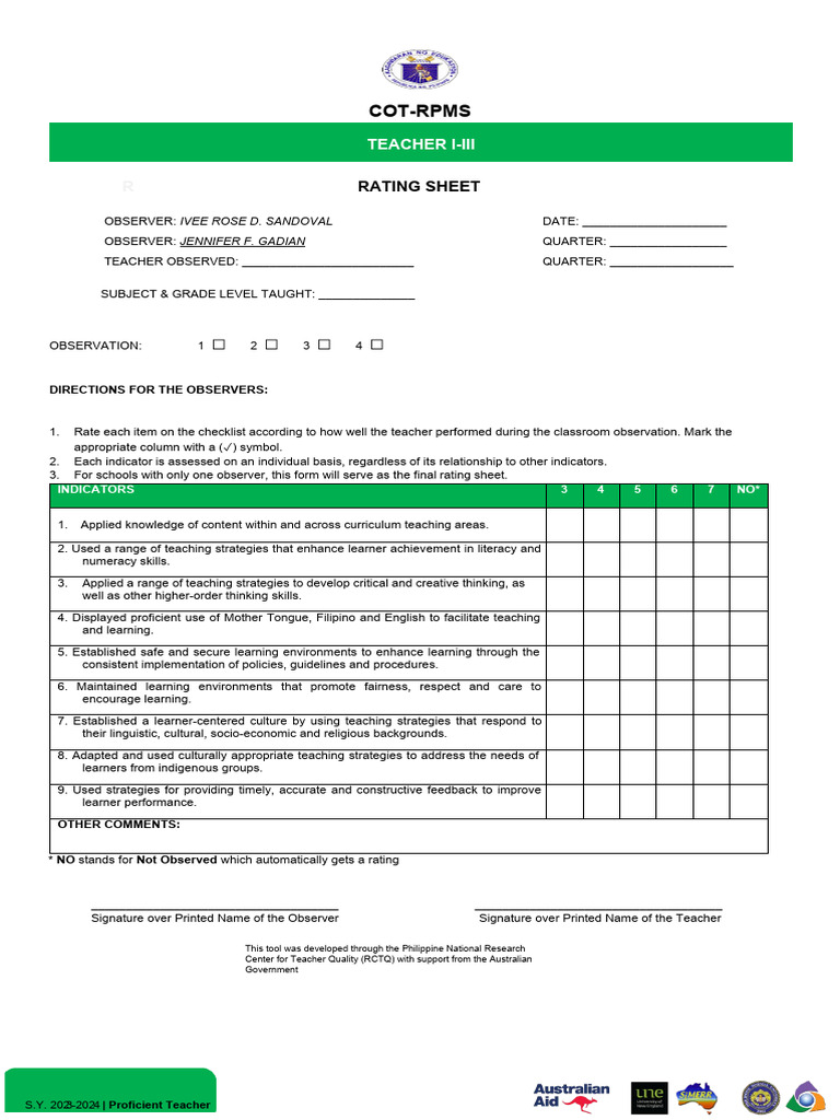 Cot Rpms Rating Sheet For T I III For Sy 2023 2024 1 | PDF | Teachers | Learning