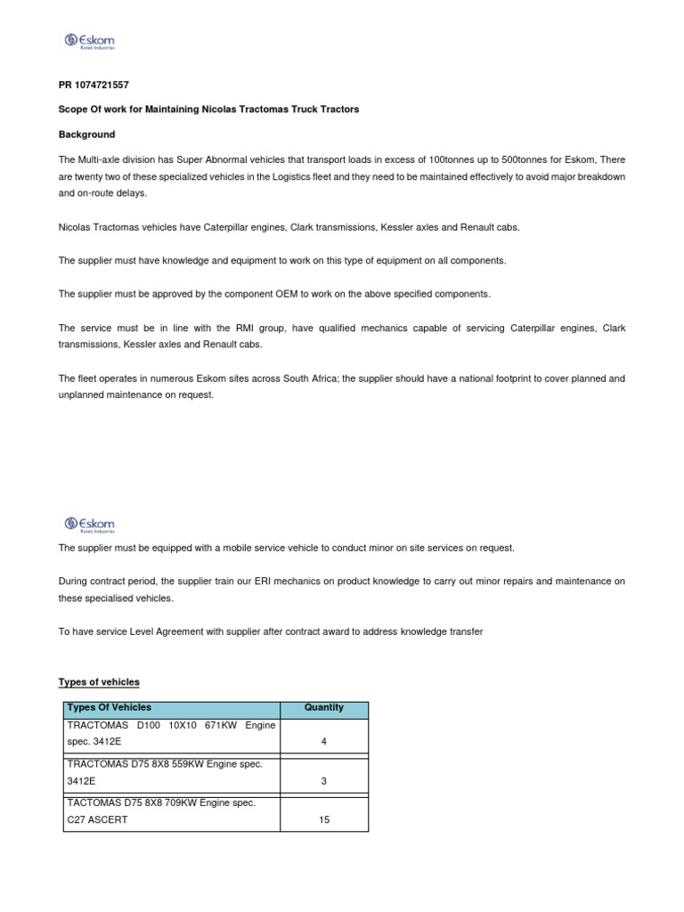 Background For Nicolus Tractomas Scope of Work Final 2022 | PDF