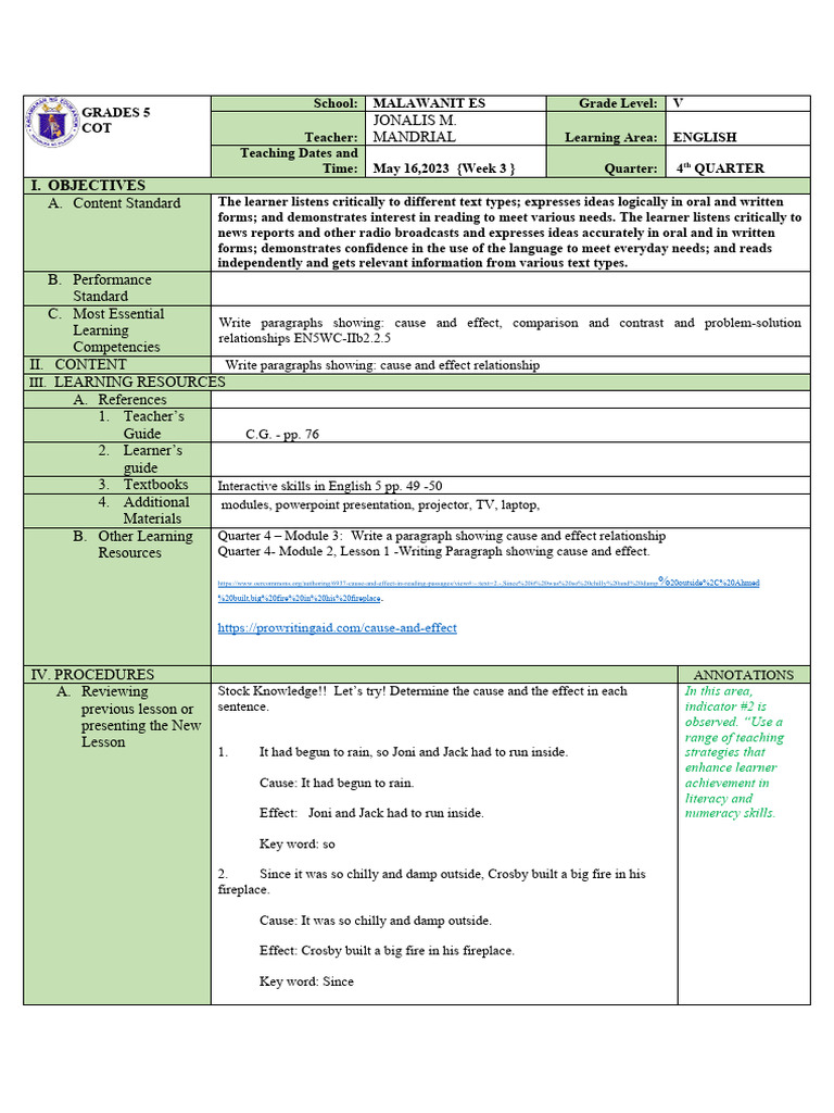 Cause and Effect Lesson Plan for Grade 5 | PDF | Learning | Teachers