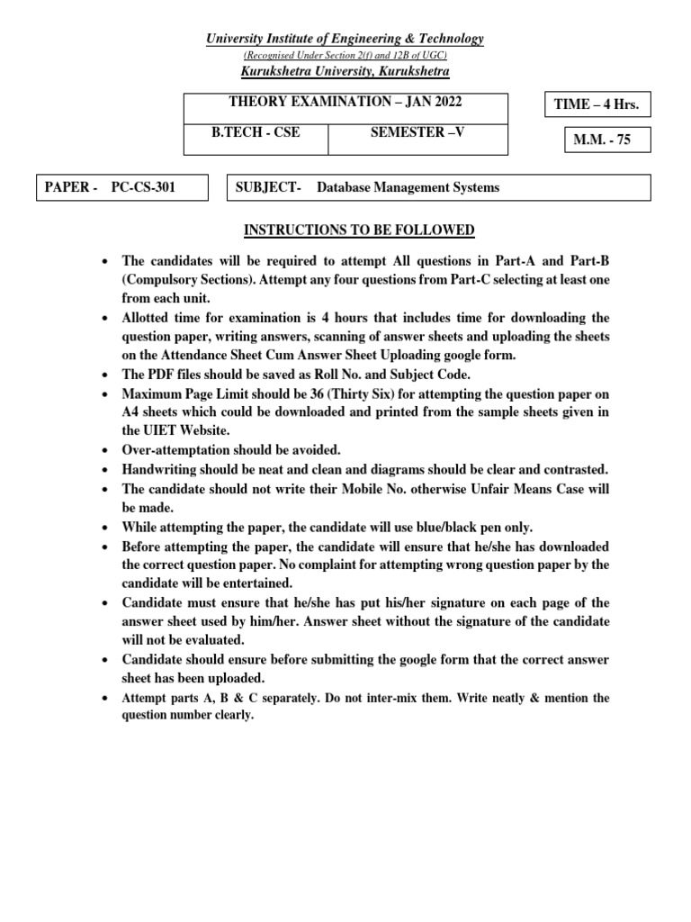 B.Tech CSE Database Exam Guidelines 2022 | PDF | Relational Model ...