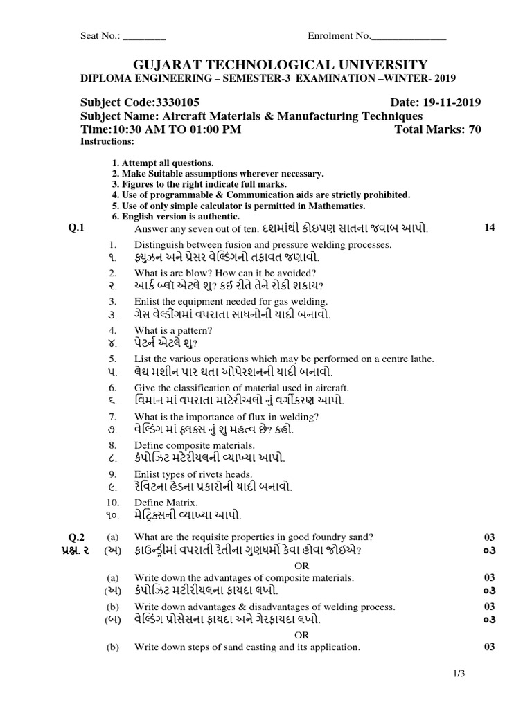 Gtu Diploma in Aeronautical 3330105 Winter 2019 | PDF