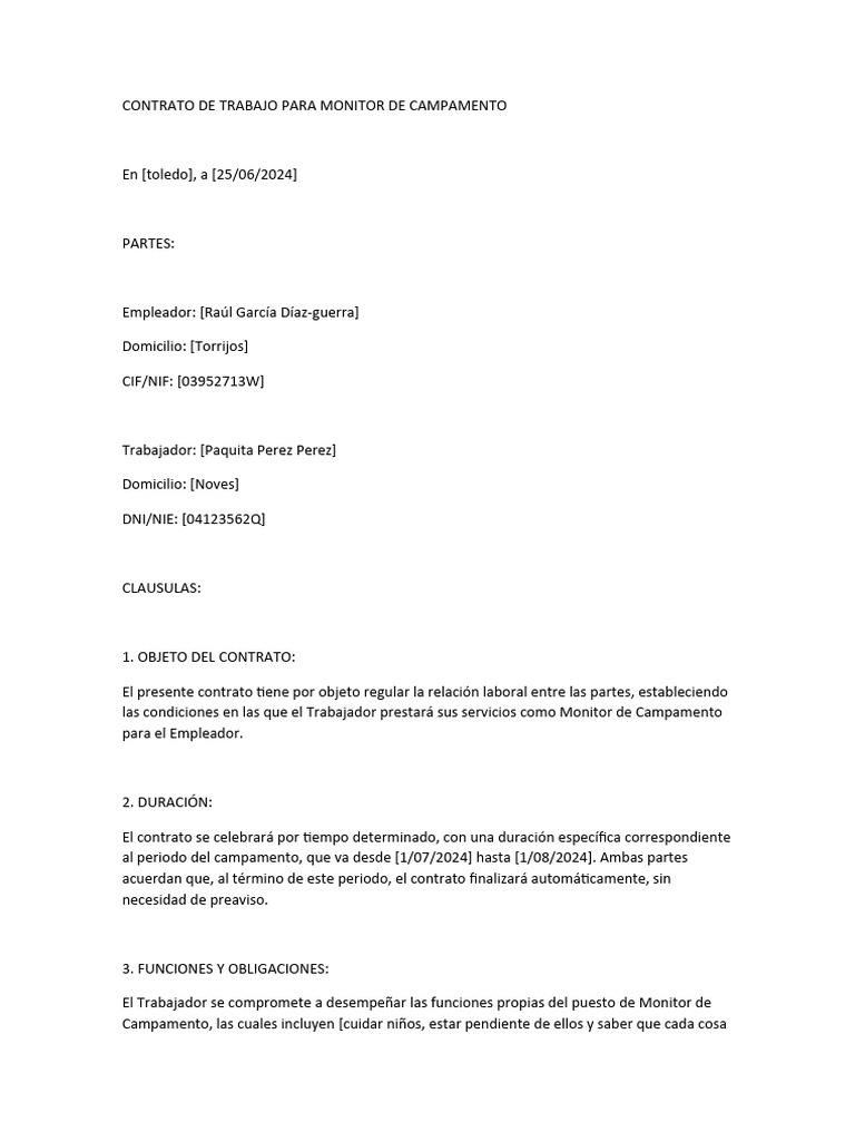 Contrato de Trabajo para Monitor de Campamento | PDF | Derecho laboral ...