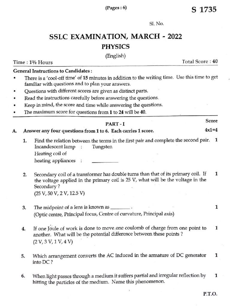 SSLC PHYSICS QUESTIONS PAPER 2022 (EM) | PDF | Transformer | Inductor