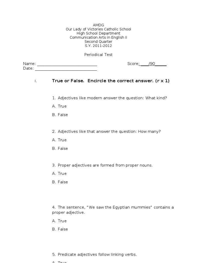 True or False. Encircle The Correct Answer. (R X 1) | Download Free PDF ...