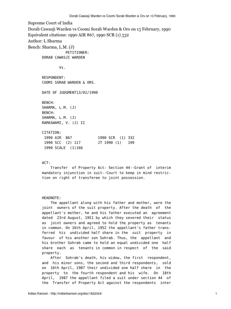Dorab Cawasji Warden Vs Coomi Sorab Warden Ors On 13 February 1990 | PDF