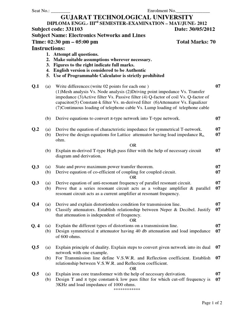 Electronics Networks Exam Paper 2012 | PDF | Electronic Filter ...