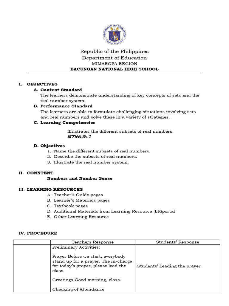 Detailed Lesson Plan on Set and Real Numbers | PDF