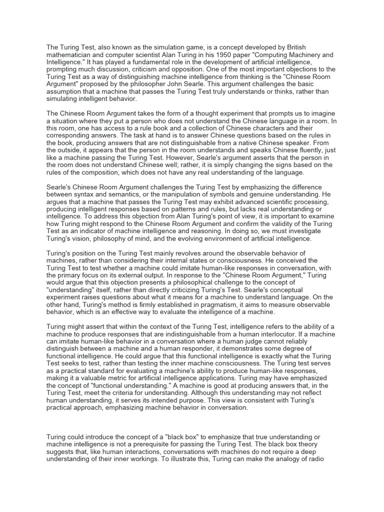 Turing Test vs. Chinese Room Argument | PDF | Intelligence (AI ...