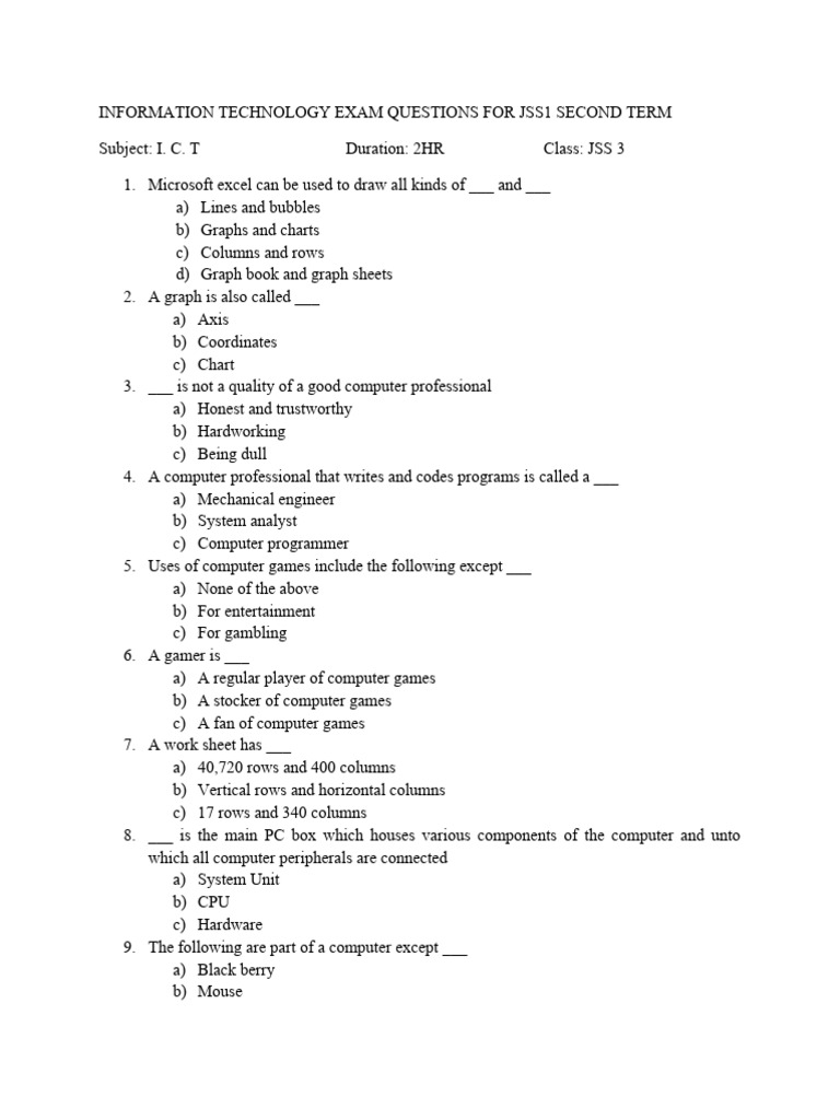 JSS 3 Ict Exam | PDF | Computer Data Storage | Input/Output