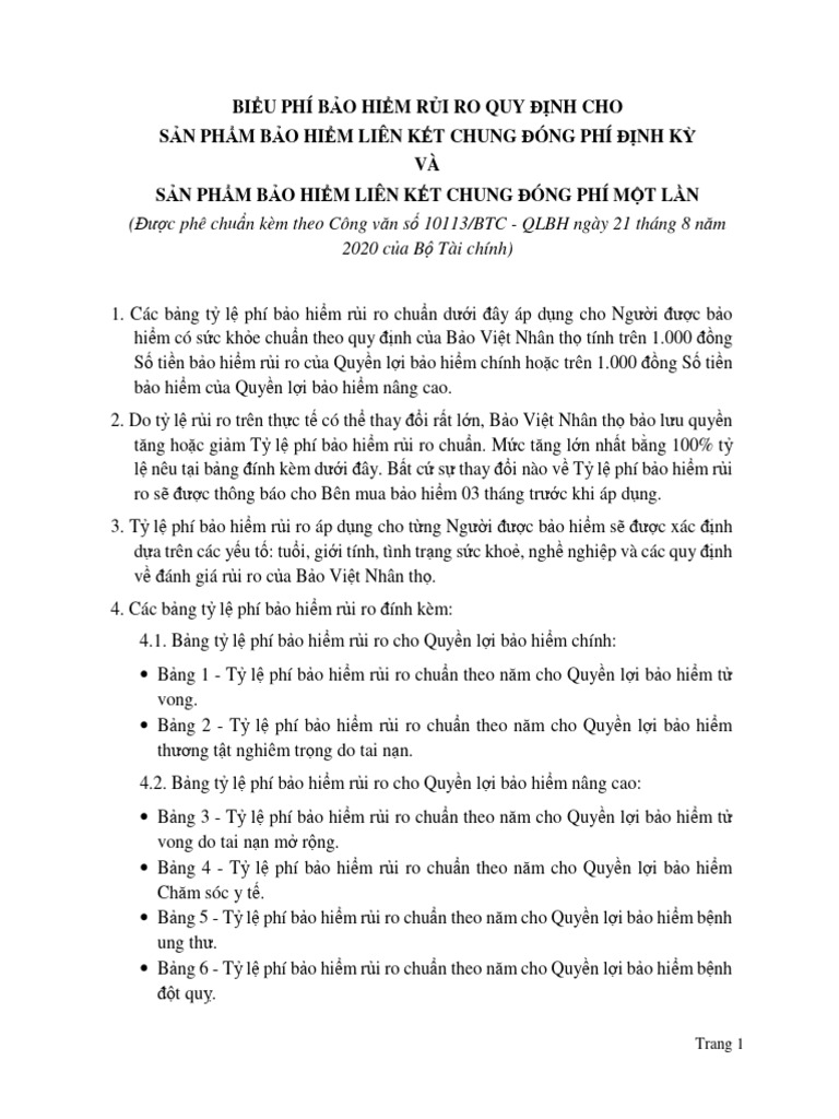 BaoViet - Bieu Phi - SPBH Lien Ket Chung Dong Phi Dinh Ky | PDF