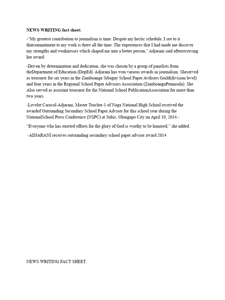 NEWS WRITING Fact Sheet | PDF | Social Science | Self-Improvement