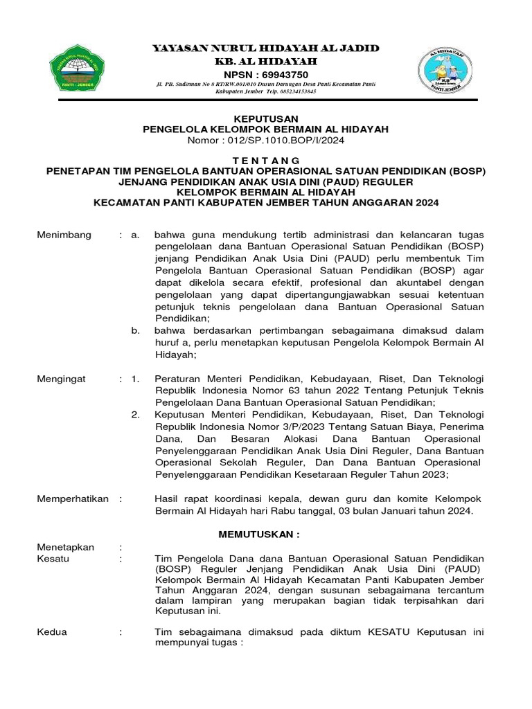 SK Tim Pengelola Bop 2024 | PDF