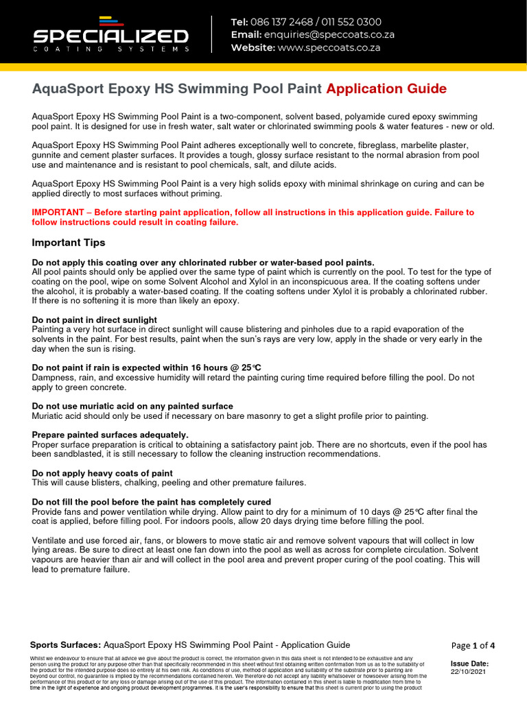 AquaSport Epoxy HS Pool Paint Application Guide | PDF | Paint | Epoxy