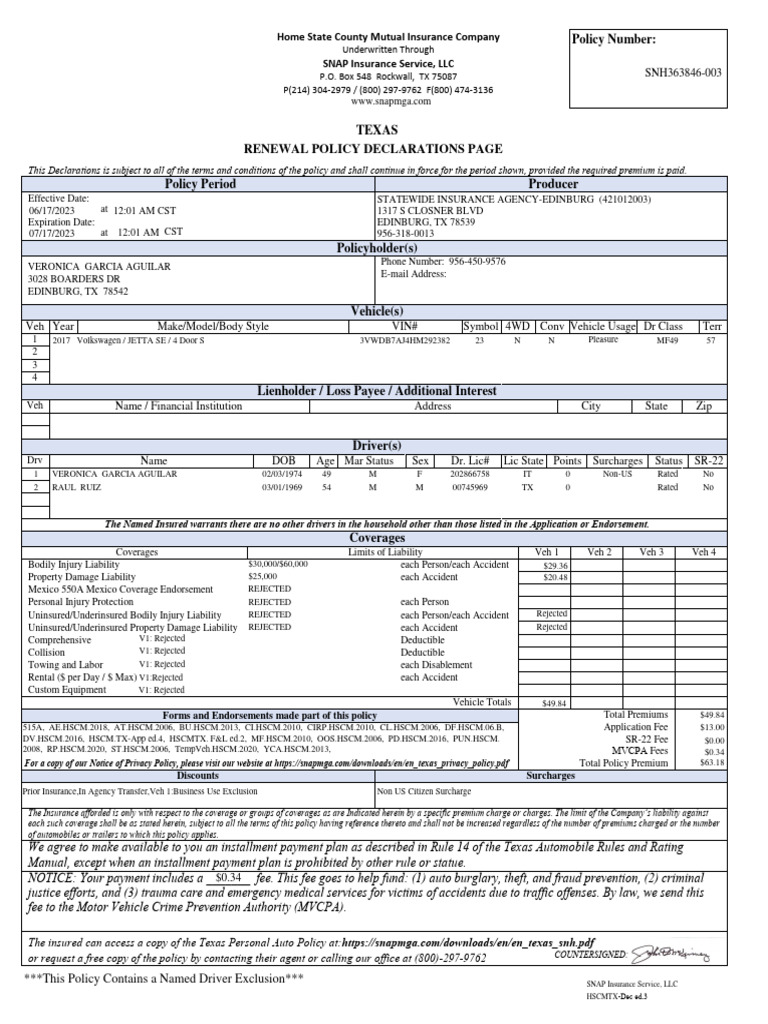 Renewal Policy Declarations Page | Download Free PDF | Insurance ...