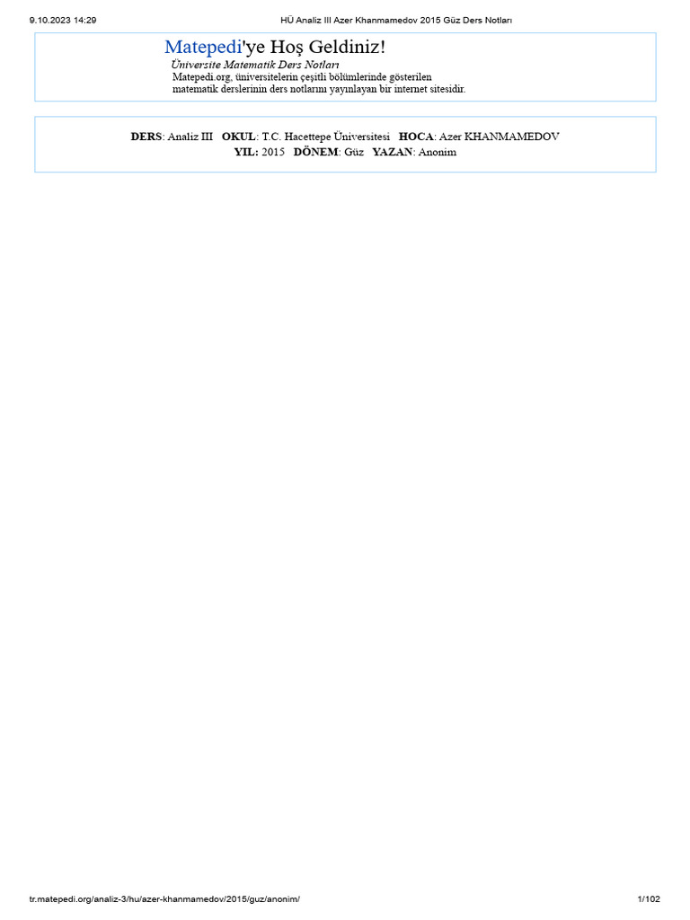 Analiz III Güz Ders Notları | PDF Analiz III Güz Ders Notları | PDF